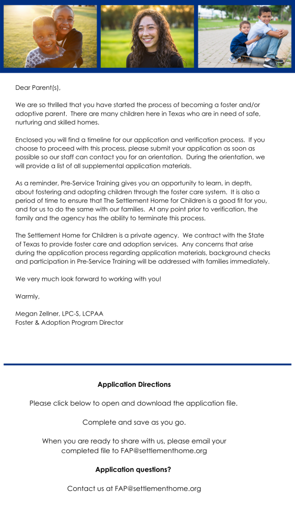 Foster & Adoption Program Application - The Settlement Home for Children